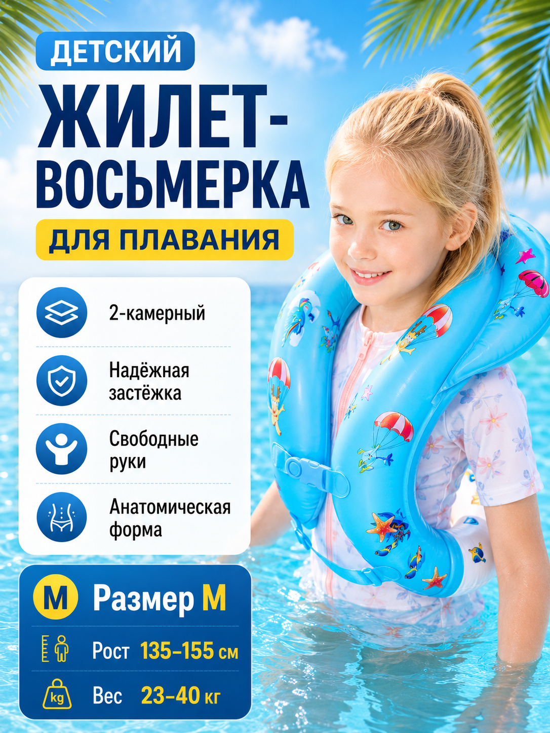 Жилет для плавания детский надувной размер M