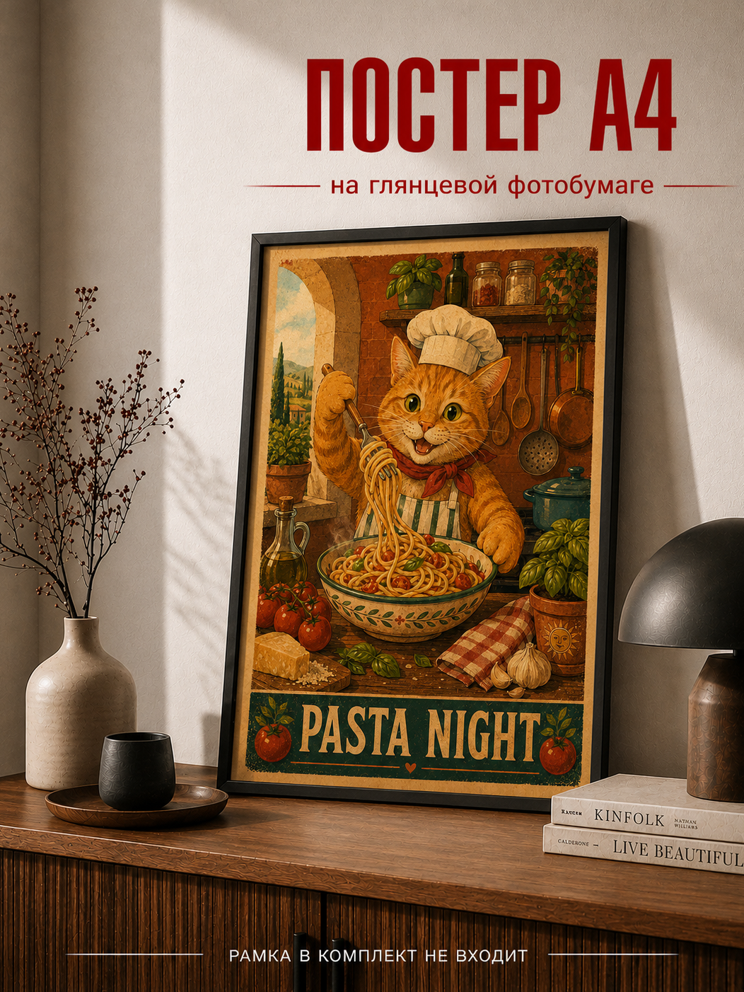 Постер А4 "Pasta Night", кот-повар с пастой, интерьерный плакат для кухни и кафе