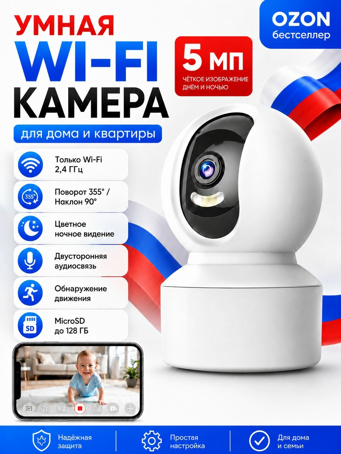Видеоняня беспроводная, камера видеонаблюдения WiFi для дома и квартиры 1920х1080. IP камера 360 беспроводная.