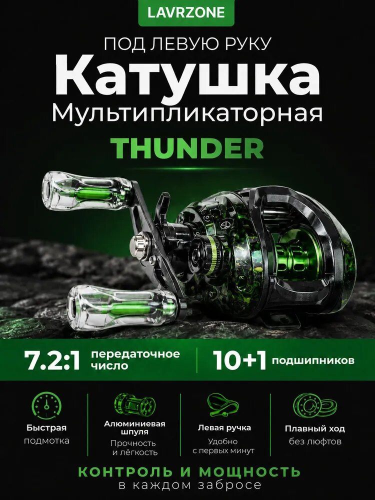 FY200-1 Катушка для рыбалки мультипликаторная Thunder, байткастинговая катушка под левую руку, 10+1 подшипник, для летней рыбалки