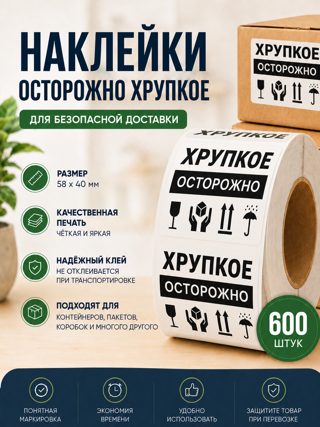 Наклейки HOMERAR "Осторожно, хрупкое", термоэтикетки, 58 см х 40 см, 600шт