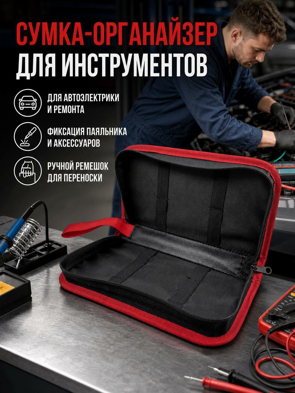 Жесткий чехол-органайзер на молнии для паяльника и инструментов автоэлектрика, противоударная сумка-кейс хранения в автомобиль