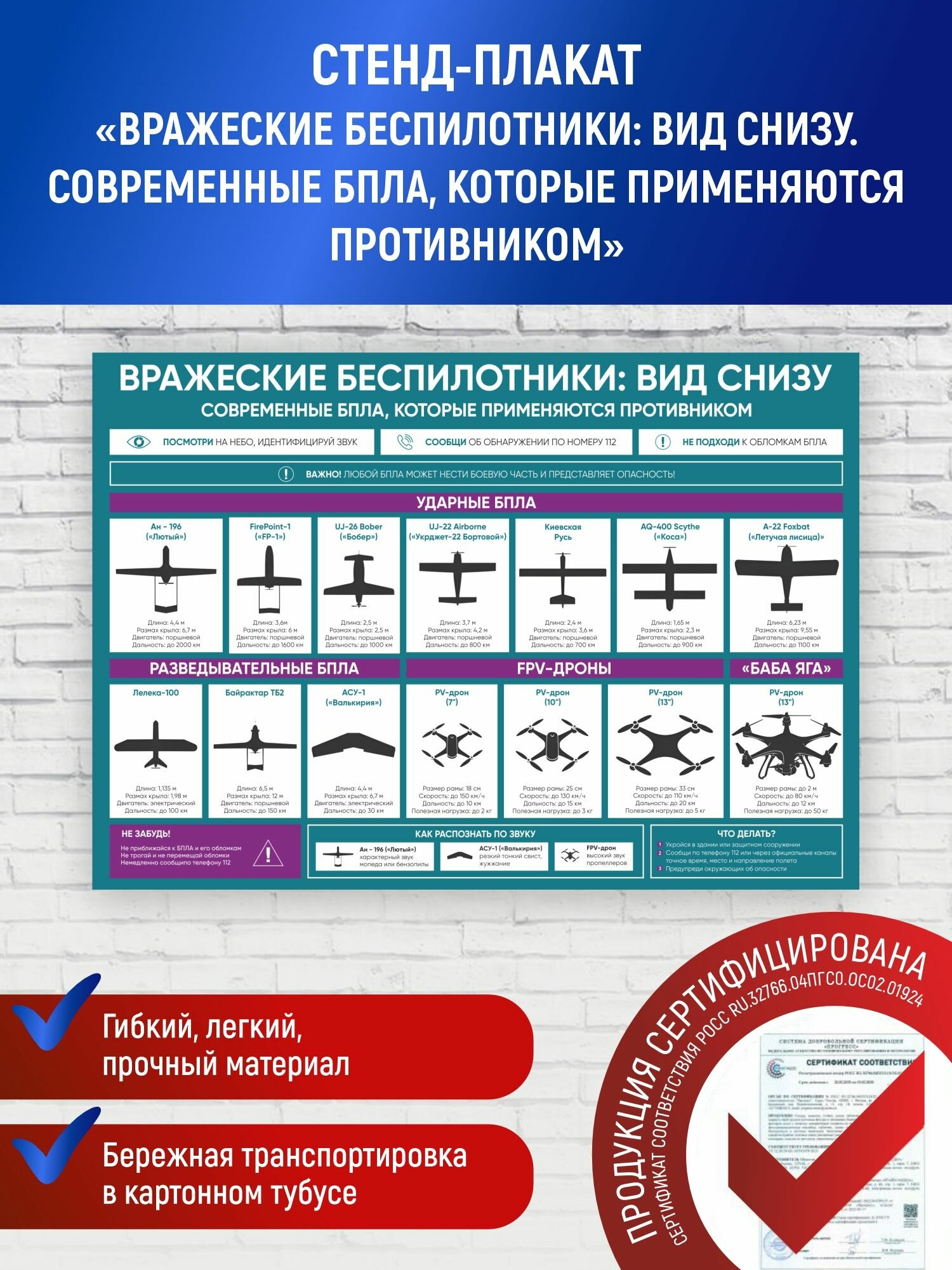 Стенд безопасности плакат "Виды БПЛА- беспилотные аппараты противника", плакат пэт + полноцветная печать, 60х42 см