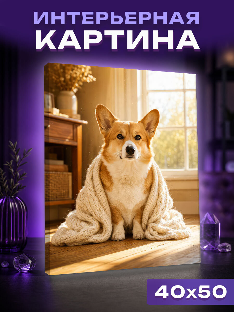 Интерьерная картина Корги в уютном кашемировом пледе у окна