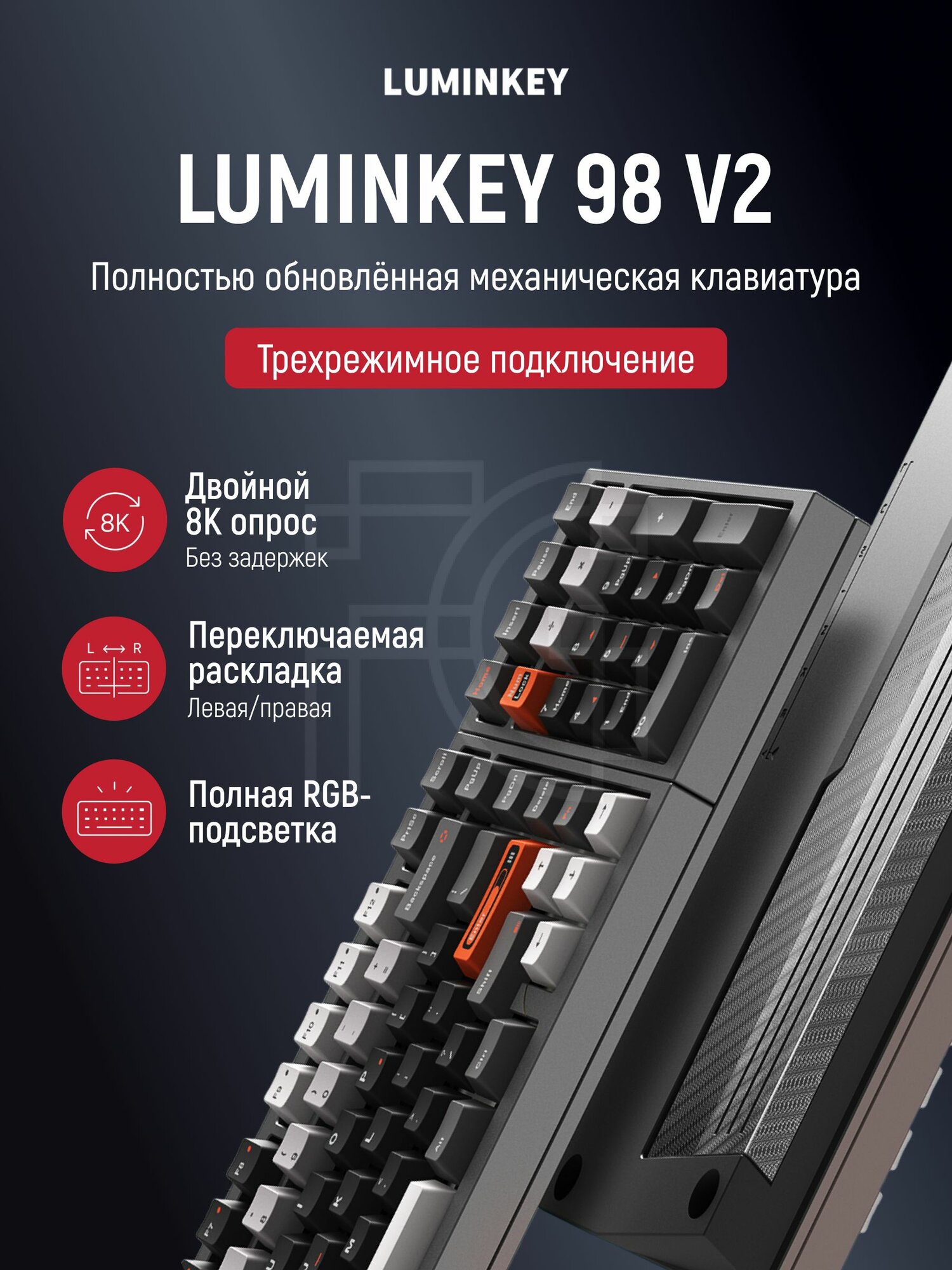 Механическая кастомная клавиатура LUMINKEY LK98 V2 98% Tri-Mode Custom Mechanical Keyboard Grey / английская раскладка