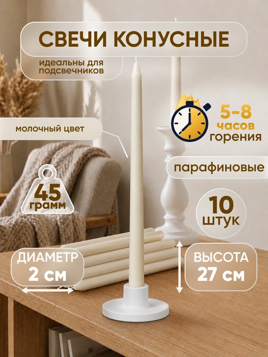 Свечи конусные парафиновые 10 штук, 27 см х 2 см, молочный цвет