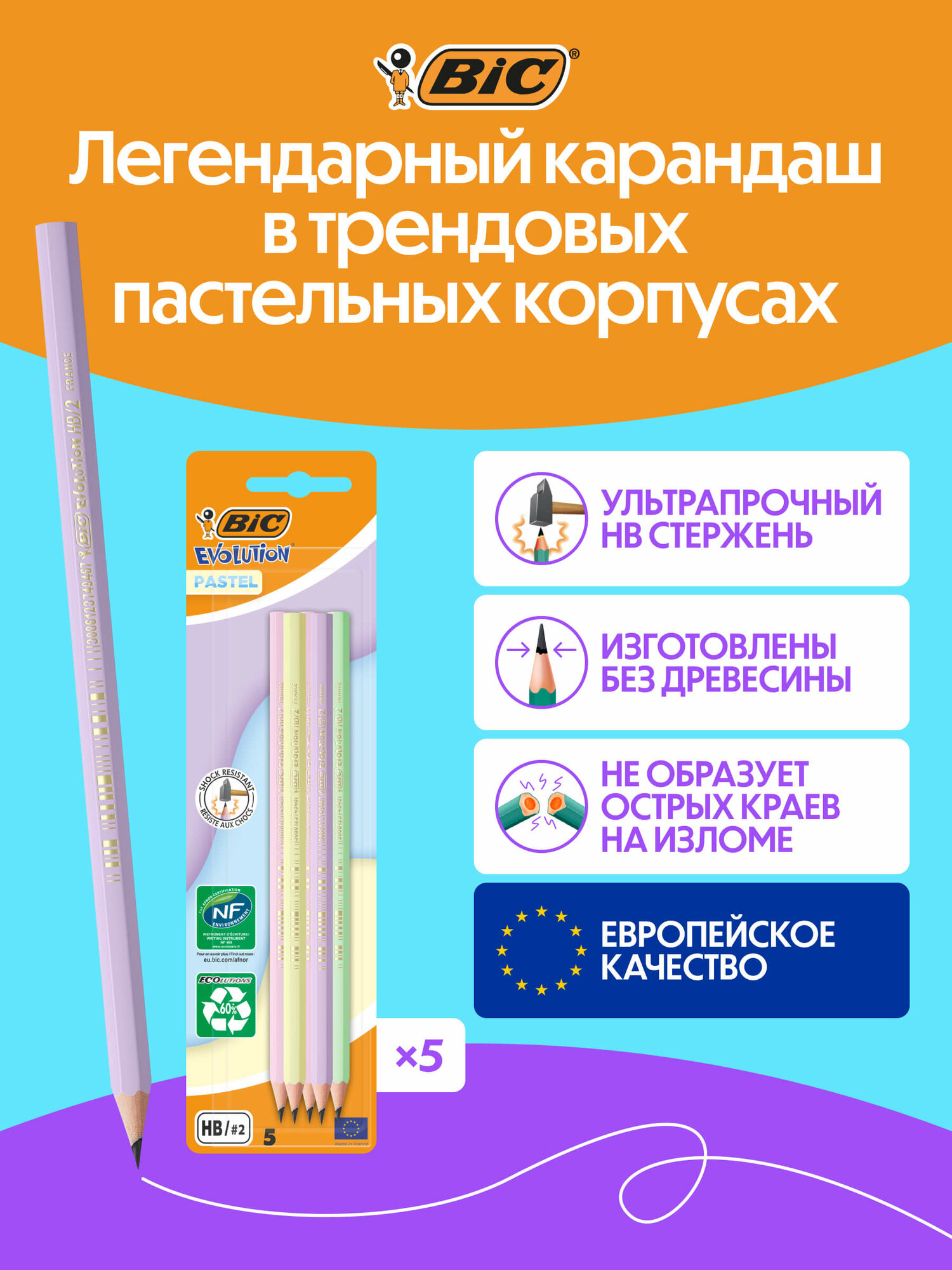 Карандаш чернографитовый BIC Пастель, грифель HB, 5 шт в упаковке