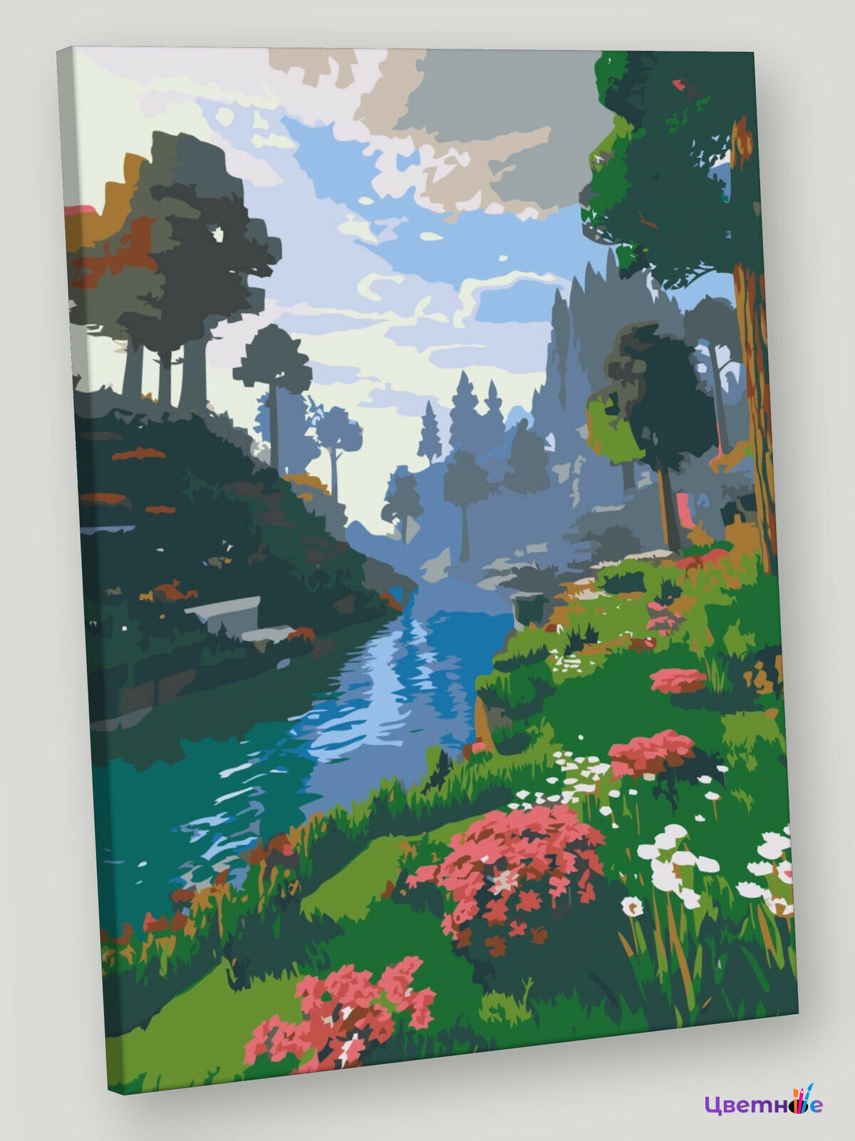 Картина по номерам на холсте с подрамником 30х40 "Лес и река из Майнкрафт Minecraft"