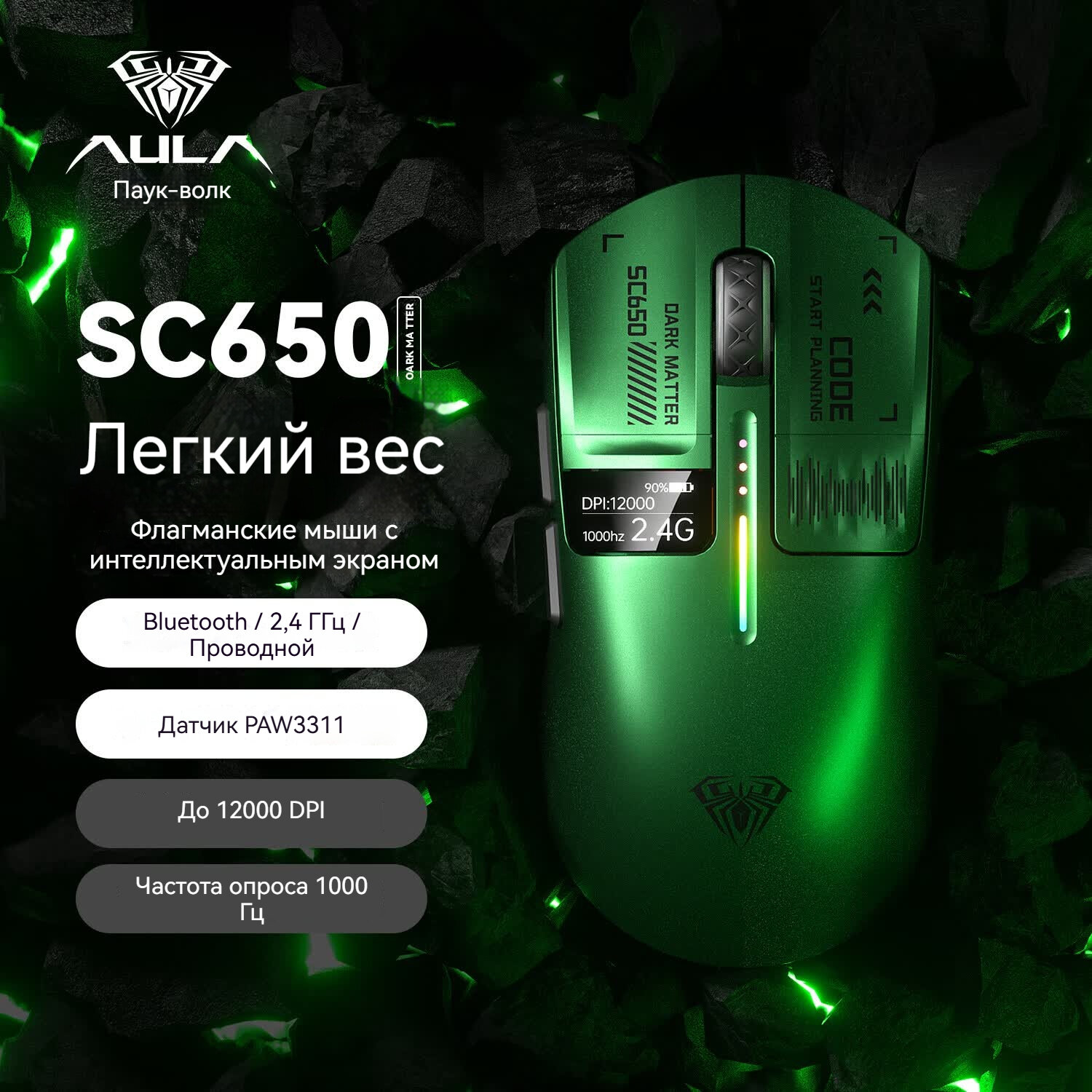 AULA SC650 Трехрежимная подключаемая мышь 2.4G\Bluetooth\проводной экран с разрешением дисплея 12000 точек на дюйм