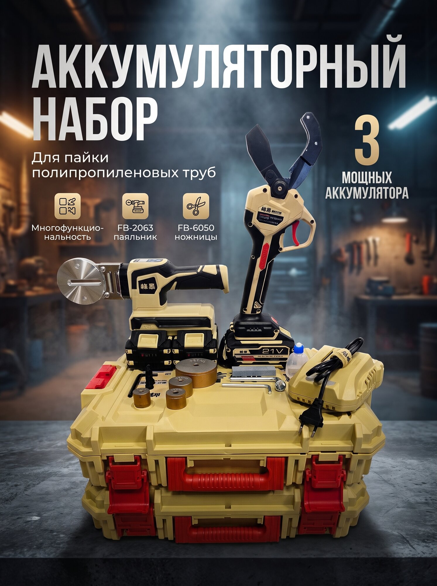 Аккумуляторный набор паяльник и ножницы для пластиковых труб FengBao 2в1, в кейсе, 21В, 3х4Ач