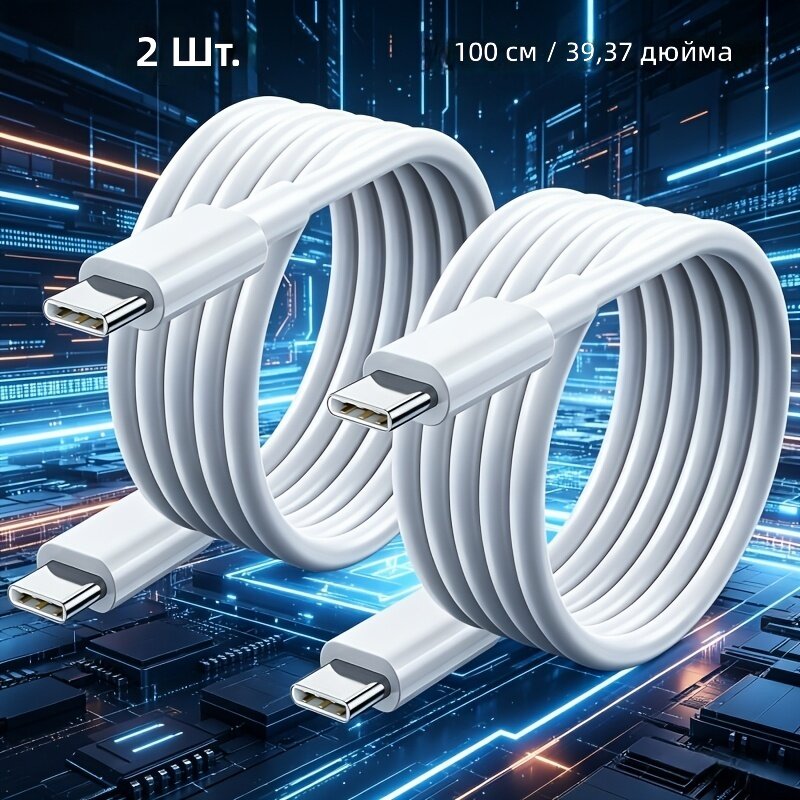 USB-C (Type-C) кабель для зарядки и передачи данных, 2 шт, совместим с iPhone, Samsung, Xiaomi, Huawei и другими устройствами с разъёмом USB-C