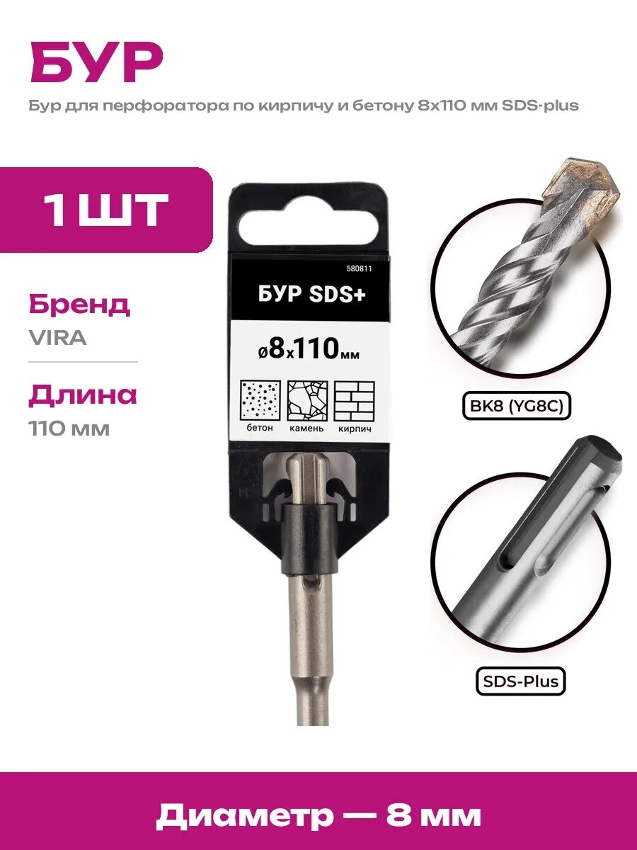 Бур твердосплавный SDS-plus 8х110 мм для бетона 1 шт