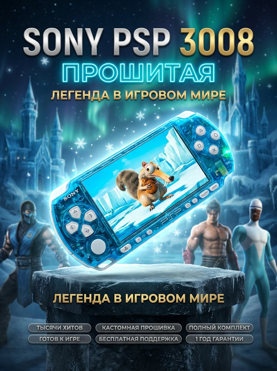 Новая игровая консоль Sony PSP 3008 Slim Прозрачно-синий 64Gb 3020 ИГР