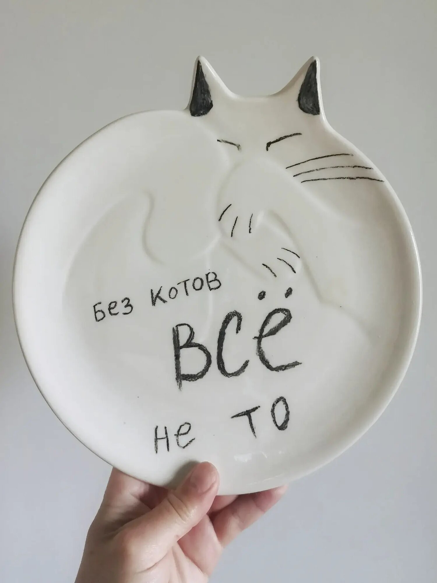 Тарелка ручной работы Taniko Ga «Без котов все не то», с открытыми глазами, белая, керамика, 20 см
