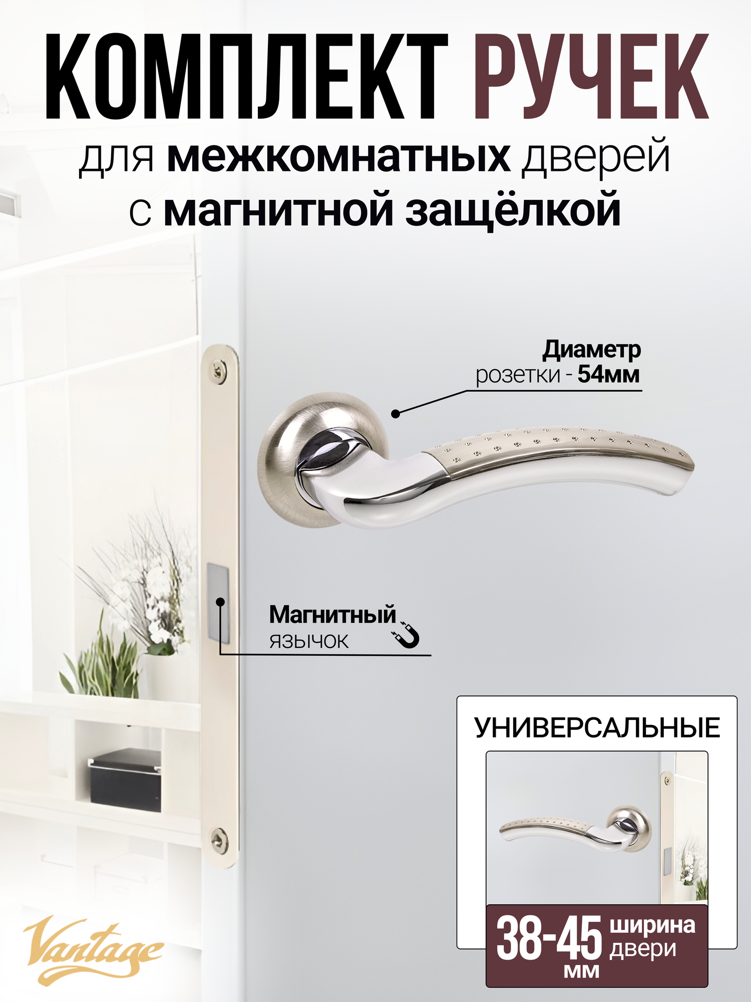 Ручка дверная межкомнатная с магнитной сантехнической защелкой комплект, алюминиевый сплав, матовый никель/глянцевый хром