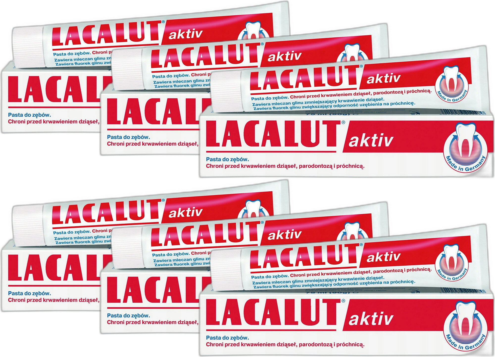 Зубная паста Lacalut Active, комплект: 6 упаковок по 75 мл, для ежедневной гигиены полости рта, зубов и дёсен, удобный