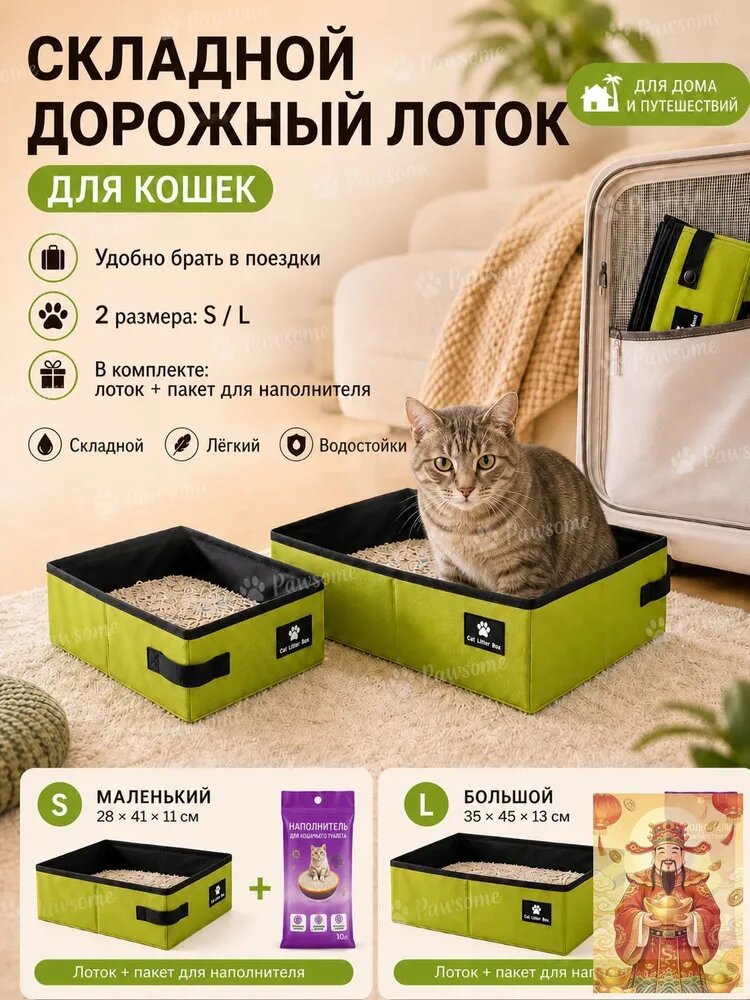 Складной лоток для кошек дорожный одноразовый Дорожный пакет-лоток для кошачьего туалета