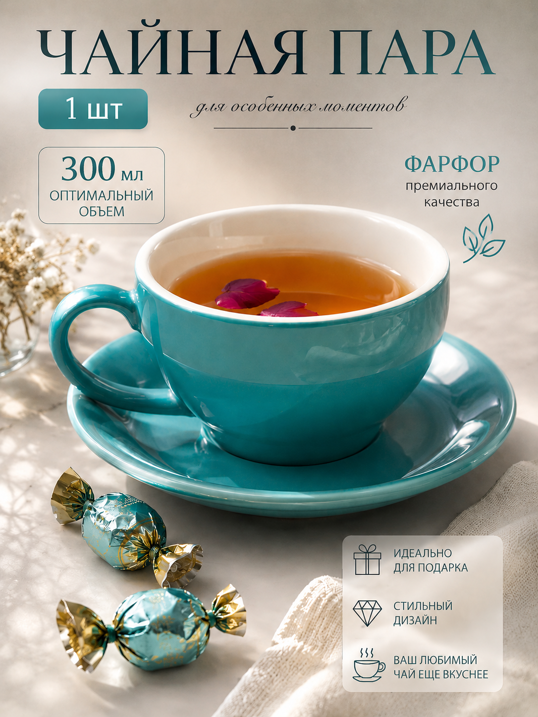 Чайная пара с блюдцем Barista (Бариста) бирюза 300 мл, 1шт. Ударопрочный, профессиональный фарфор.