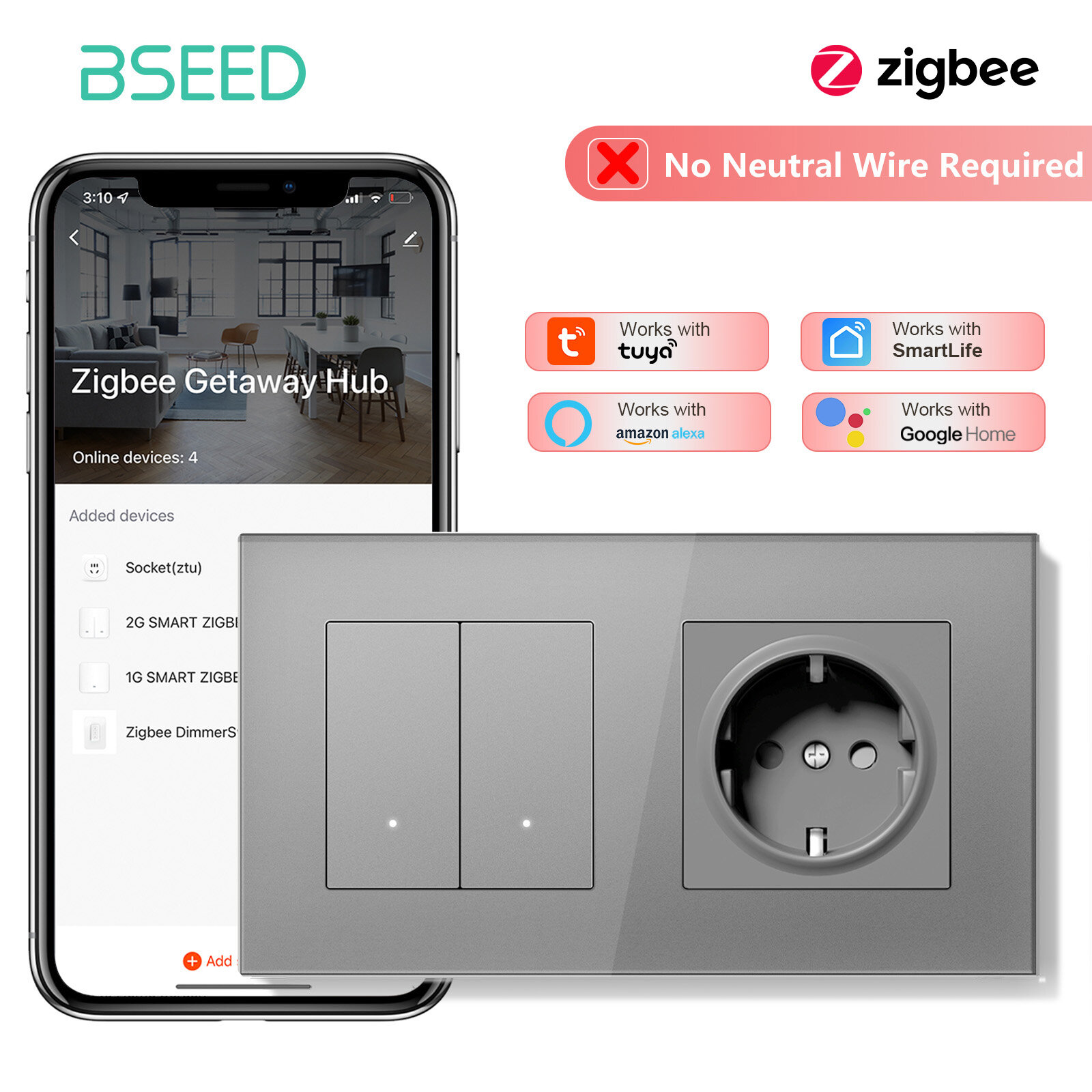 Умный выключатель Без нуля c Алисой, Легко нажать, ZIGBEE, 2 поста (2+1 розетка ), панель стекл, 157mm