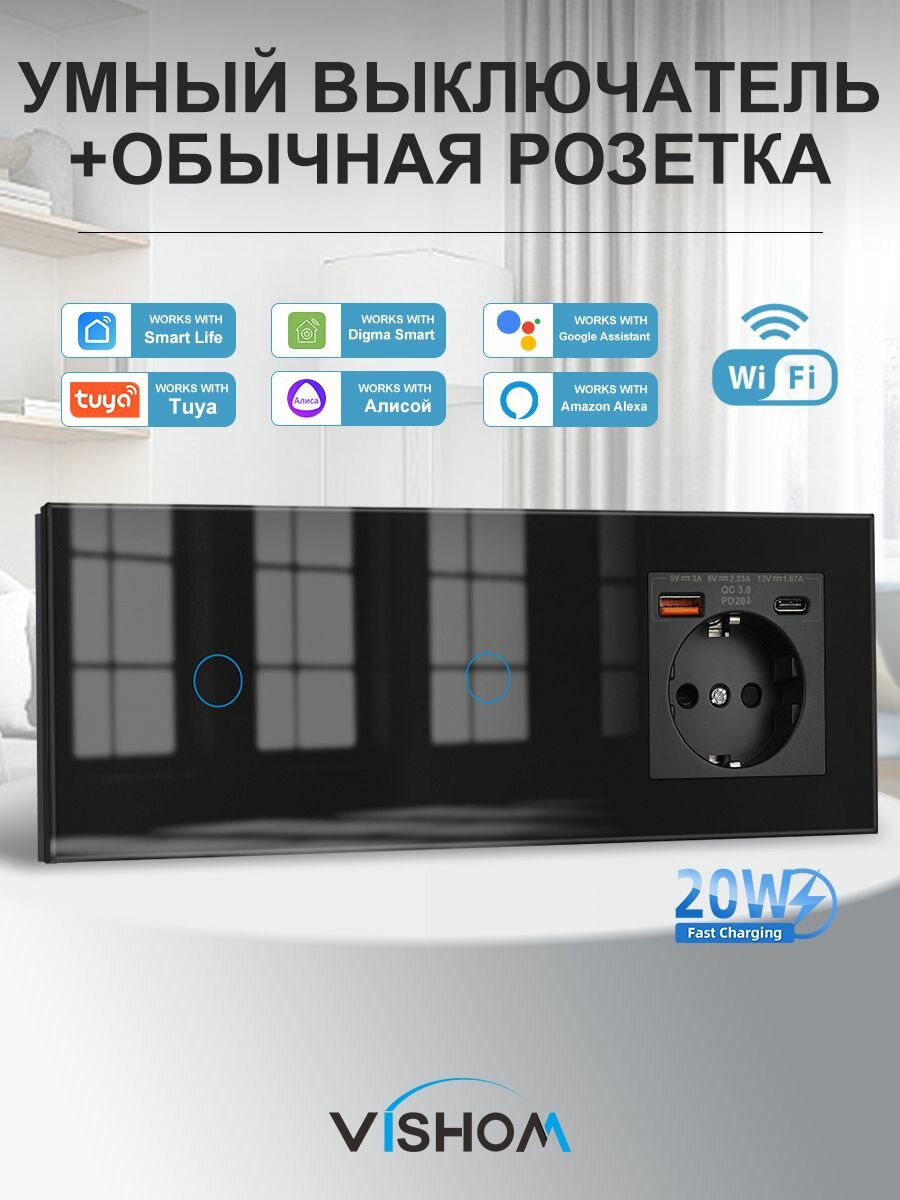 Умный сенсорный WIFI выключатель с розеткой USB и Type C портами в одной стеклянной черный рамке,2 клавиши + 1 обычные розетка с usb быстрая зарядка