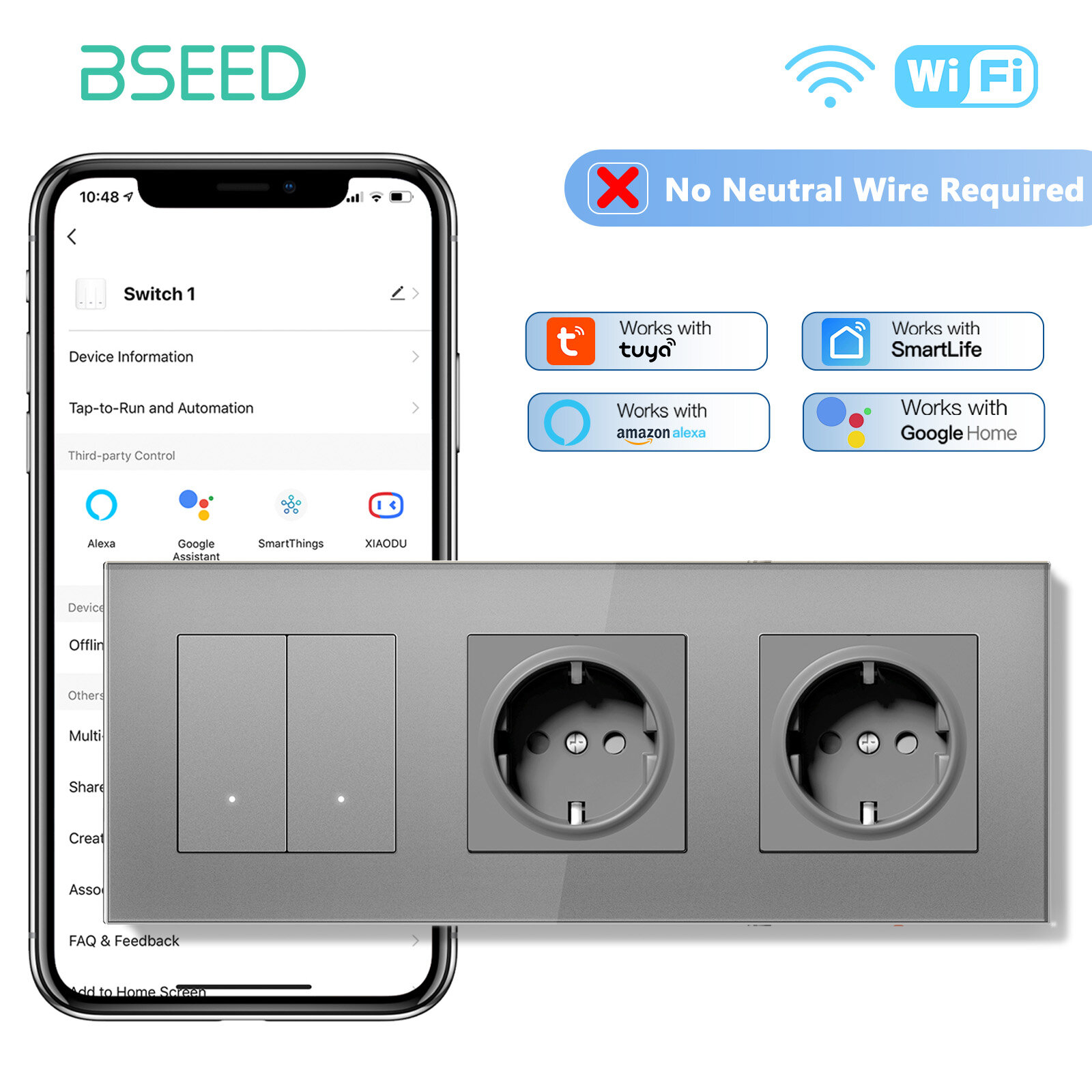 Умный выключатель Без нуля c Алисой, Легко нажать, WIFI, 3 поста (2+2 розетка), стеклянная рамка, 228mm