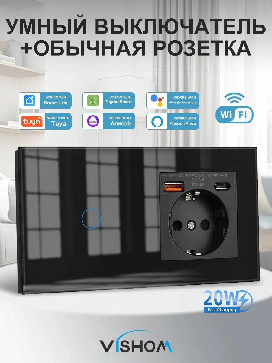 Умный сенсорный WIFI выключатель с розеткой USB и Type C портами в одной стеклянной черный рамке, одноклавишный + 1 обычные розетка с usb быстрая зарядка