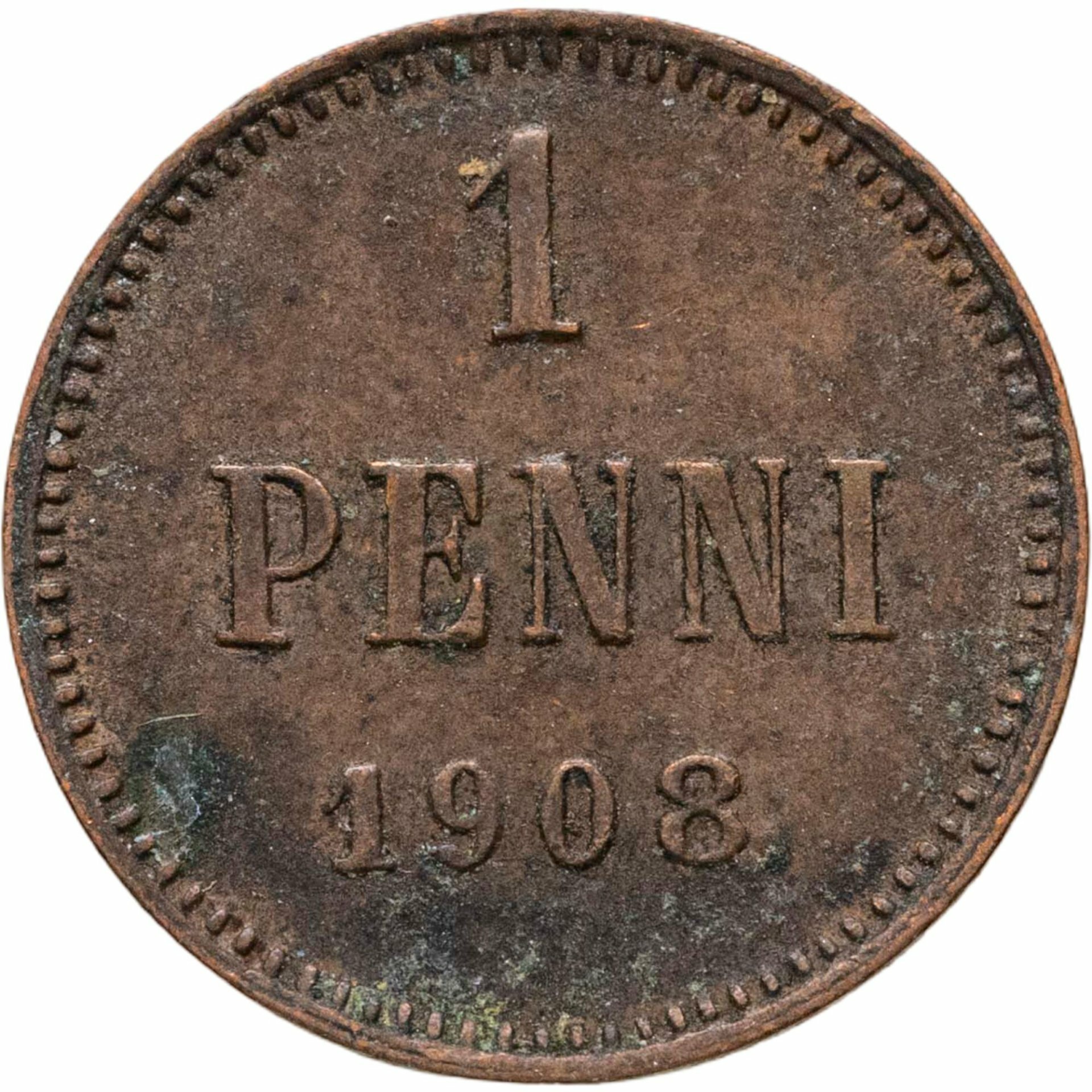1 пенни penny 1908, монета для Финляндии, Медь, в сохранности VF