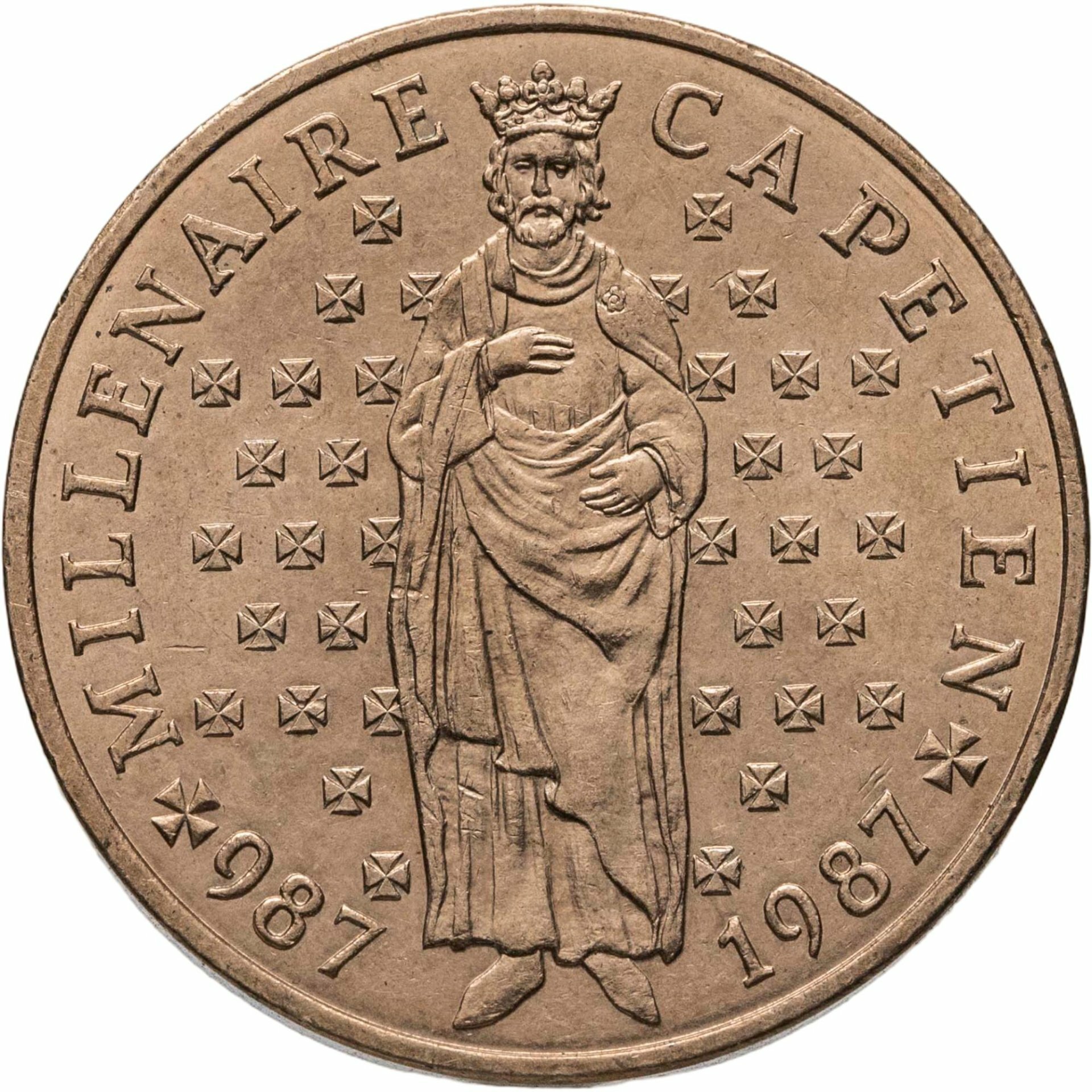 Франция 10 франков francs 1987 "Тысячелетие династии Капетингов", Латунь, в сохранности XF-AU