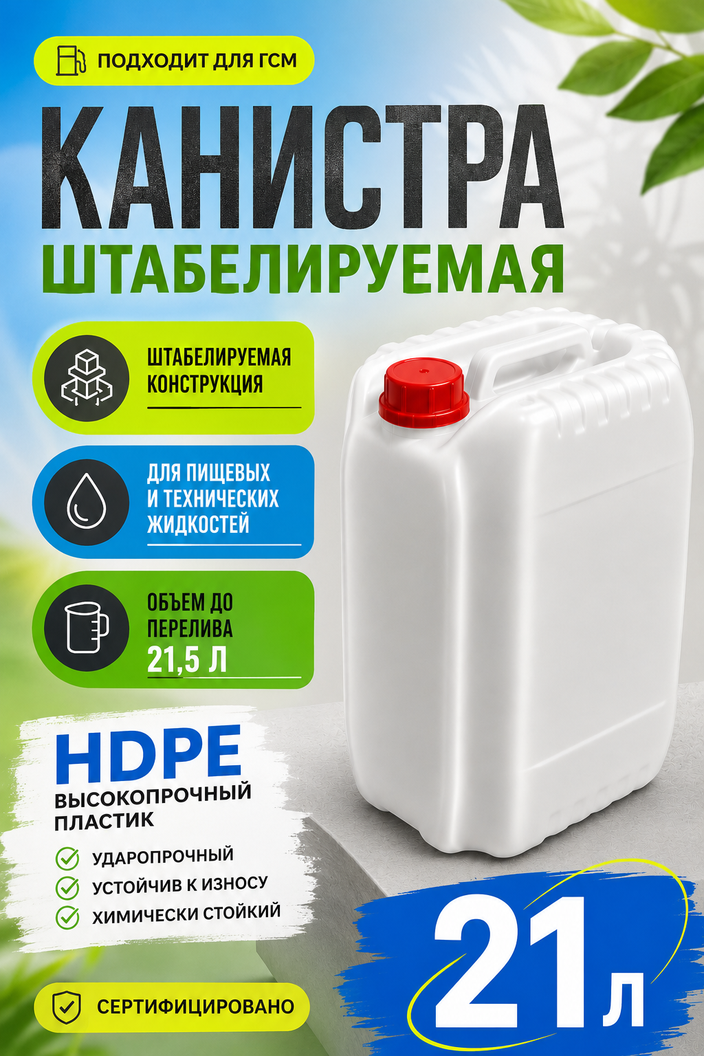 Канистра HDPE для ГСМ, 21 л