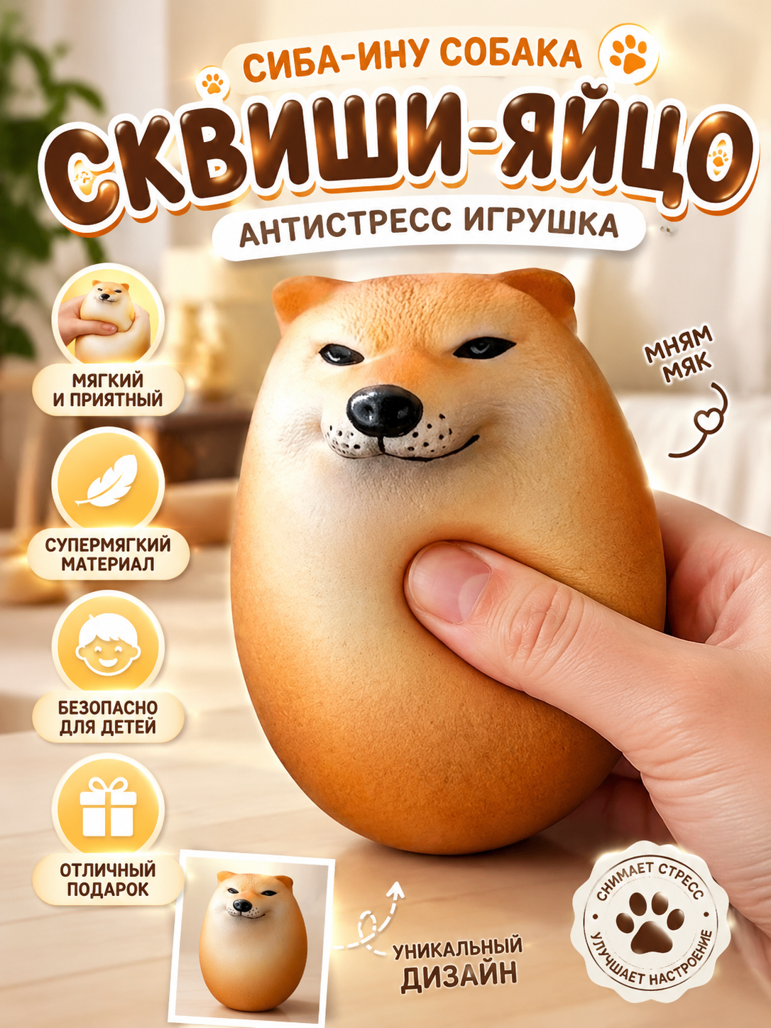 Сиба-ину собака, сквиши-яйцо, антистресс игрушка, мягкая игрушка для детей