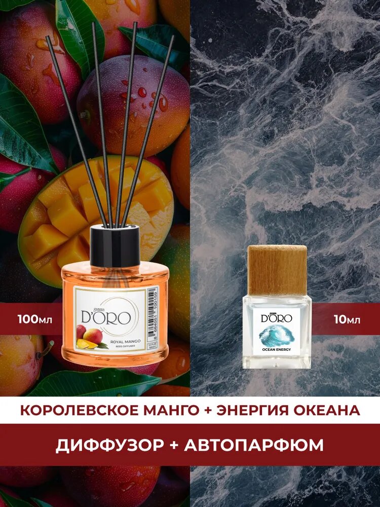 GAMMA D'ORO Подарочный набор диффузор ароматический для дома с палочками Королевское манго и ароматизатор для автомобиля Энергия океана, 100 мл и 10 мл