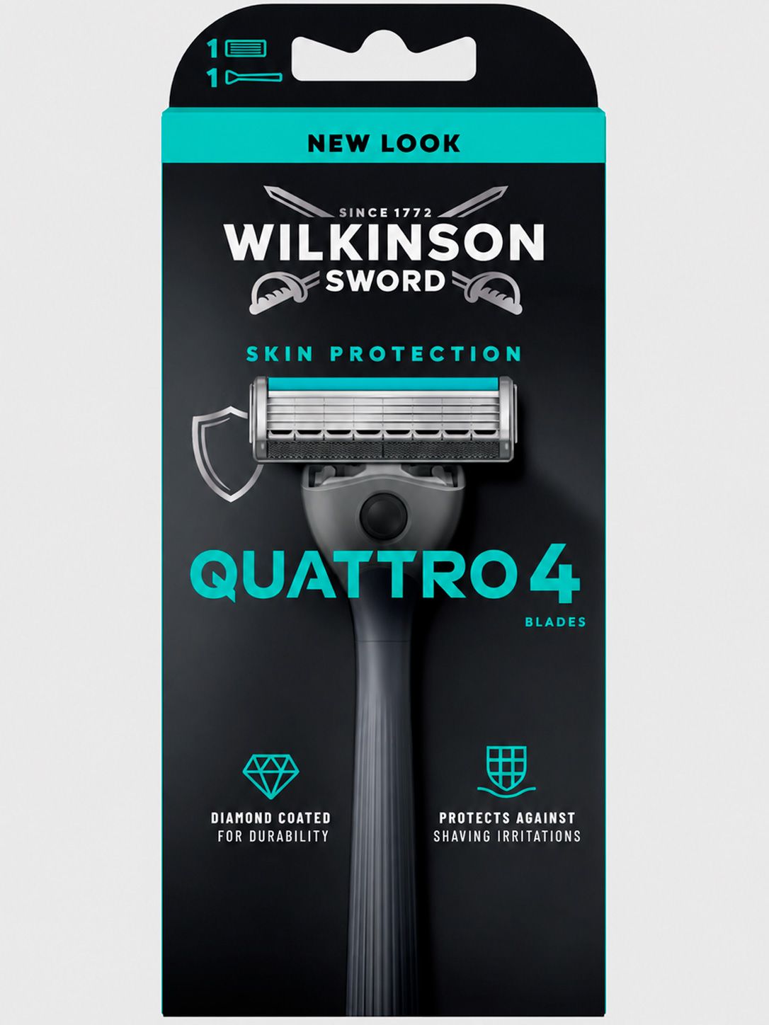 Wilkinson Sword Бритва Schick QUATTRO 4 Titanium Skin Protection Sensitive (1 станок, 1 кассета), 4 лезвия + лезвие-триммер, плав. головка, увл. полоска, прорезиненная ручка