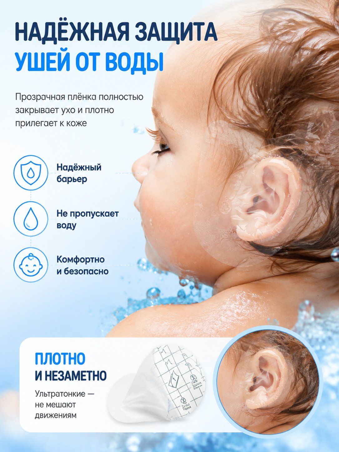 Одноразовые водонепроницаемые наклейки пластыри для ушей младенцев, защита от попадания воды при купании, мытье головы и плавании