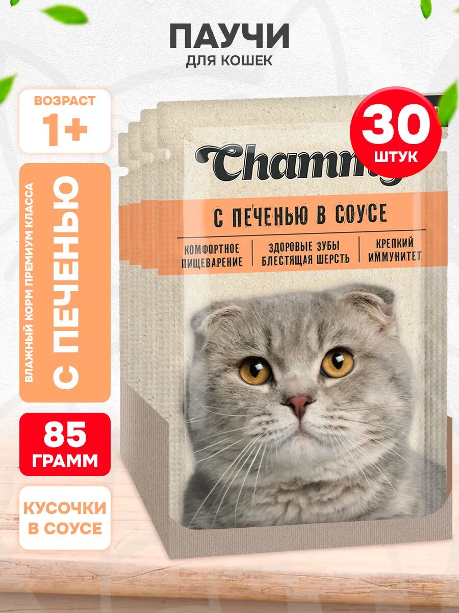 Корм влажный Chammy для взрослых кошек, печень в соусе, 85 г 30 шт