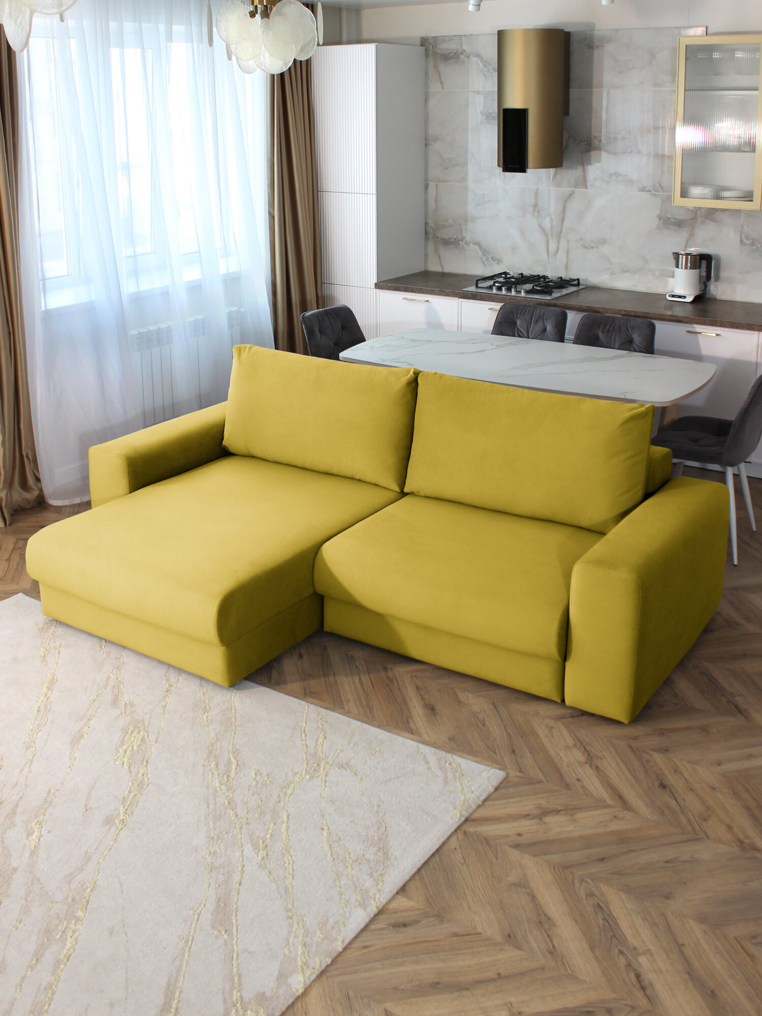 Диван-кровать угловой Лофт желтый, левый угол, Независимый Пружинный Блок, механизм выкатная Еврокнижка, 250х155х65 см