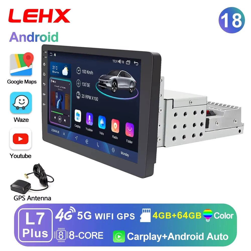 Радио LEHX 1Din Android Auto Carplay 7 "HD Универсальная стерео GPS-навигация с выдвижным экраном Автомобильное радио Мультимедийное видео головное устройство DVD