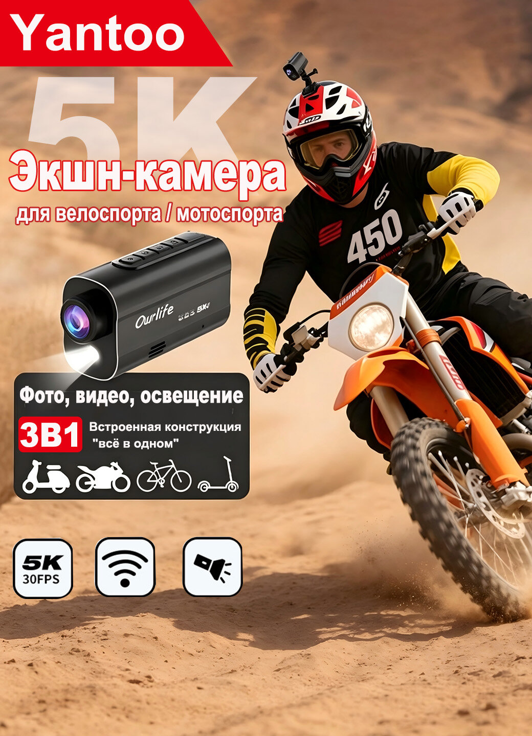 5K экшн-камера с EIS стаб, Wi-Fi, LED-фонарь, водозащита, для вело/мото/шлема