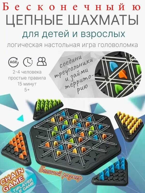 Игра Triggle с резиновой лентой / Настольные игры для детей и взрослых / Шахматы "Цепочка треугольников шахматная игра с резинкой настольные шахматы