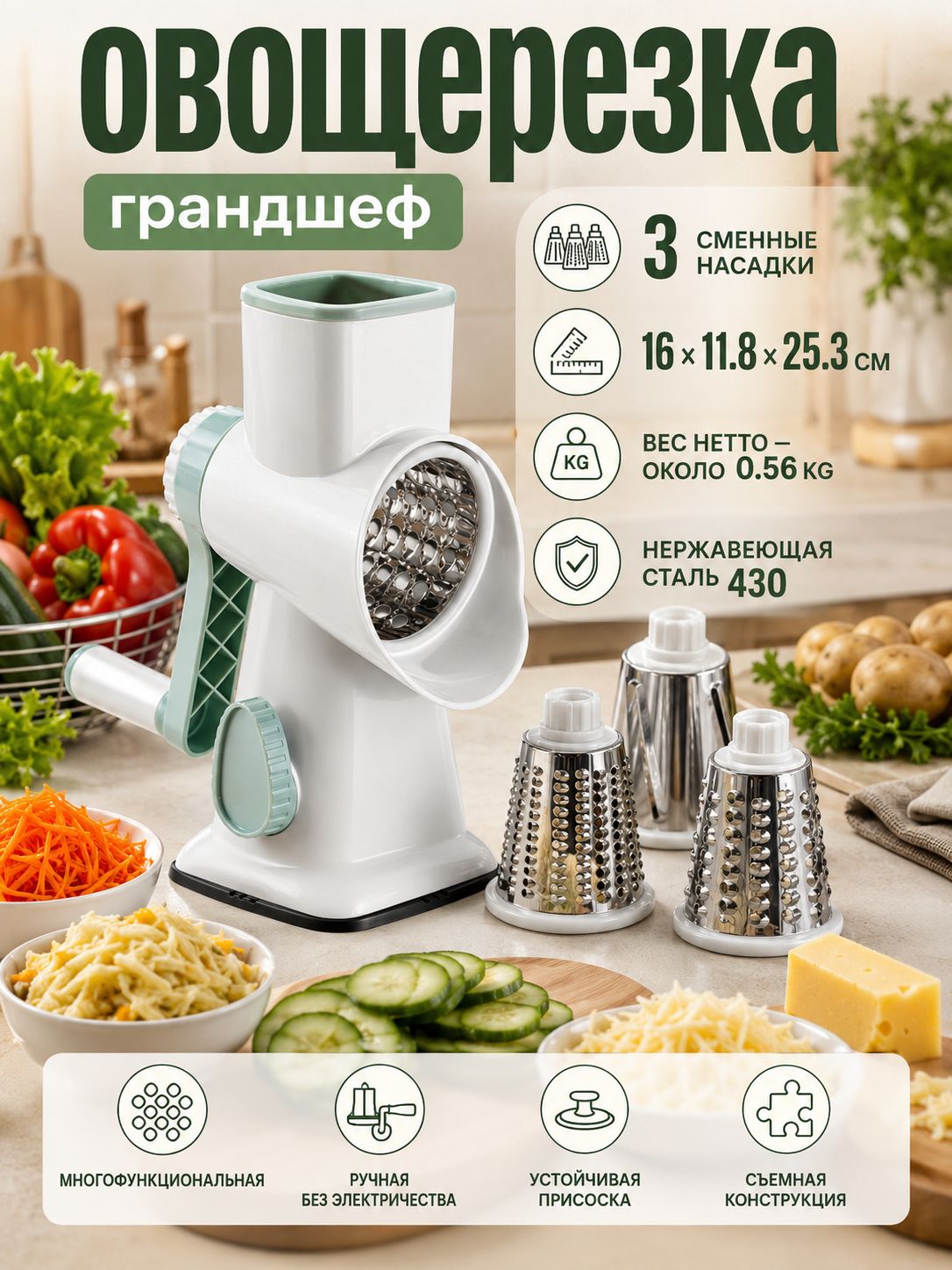 Овощерезка ручная барабанная многофункциональная терка грандшеф для кухни