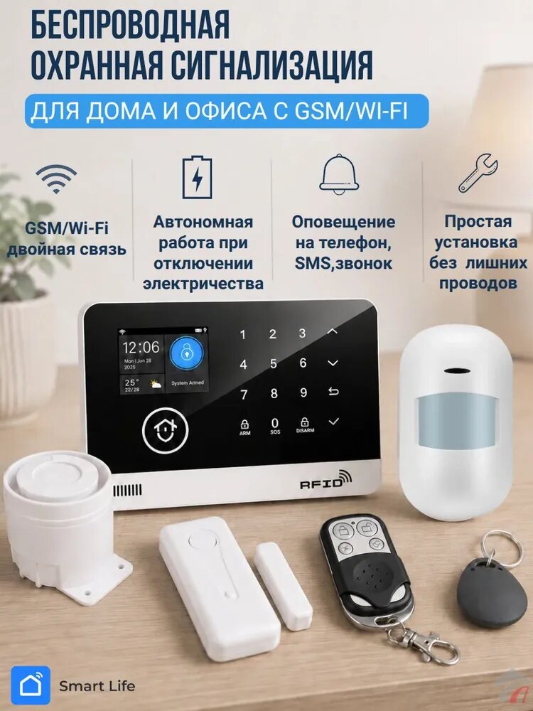 Беспроводная охранная сигнализация для дома и офиса с GSM/Wi-Fi, комплект сигнализации с подключением к умному дому Smart Life, Комплект 2 ИК датчика, 2 датчика двери (окна)