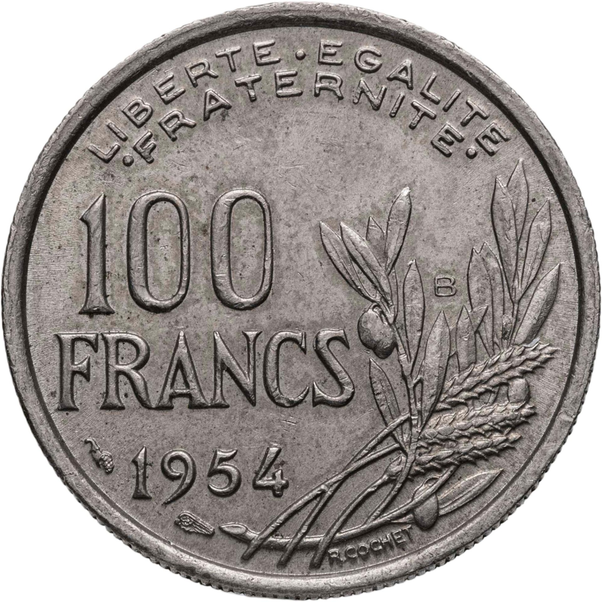 Франция 100 франков francs 1954 B знак монетного двора: "B" - Бомон-ле-Роже, Мельхиор медь-никель, в сохранности AU