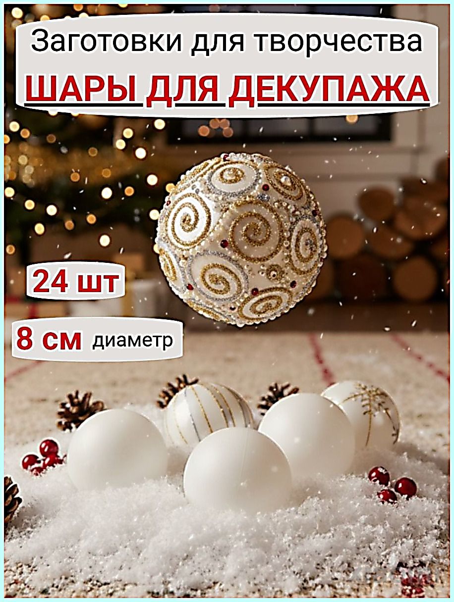 Елочный шар 8 см белый 24 шт