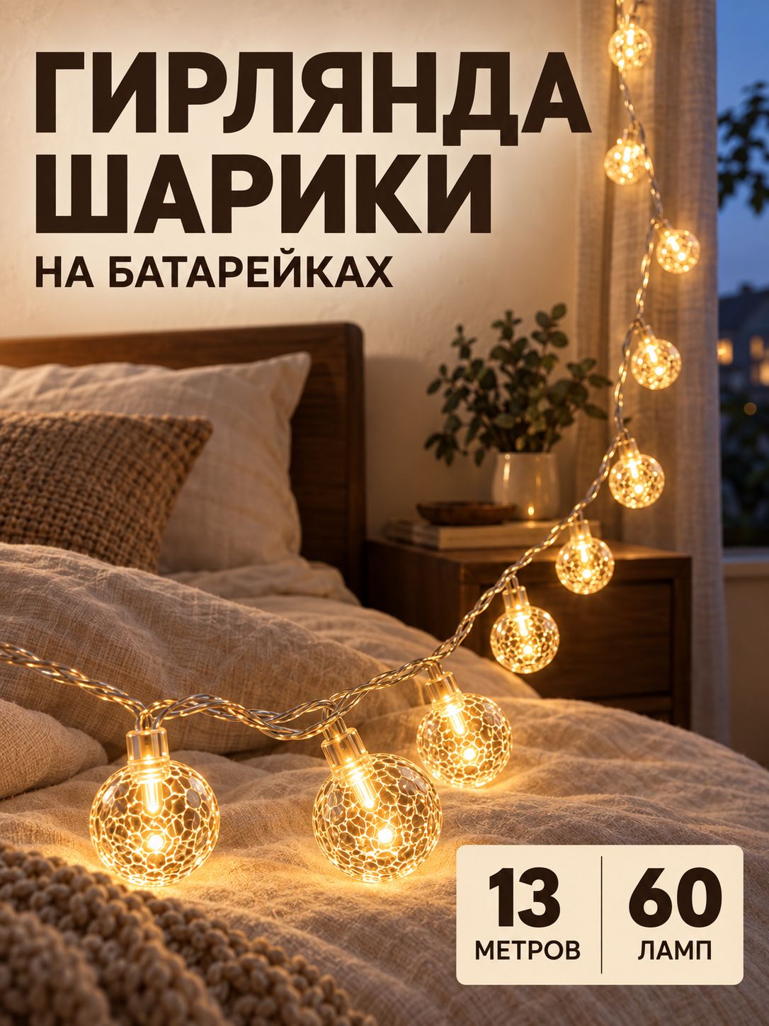 Гирлянда шарики на батарейках на елку 13 метров