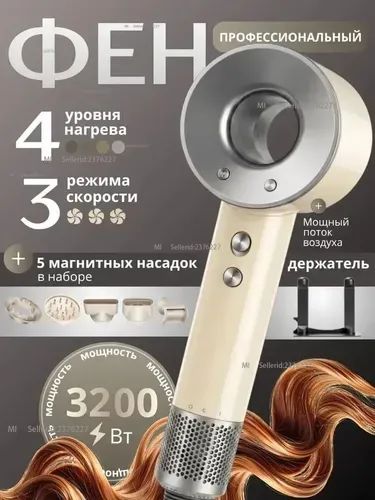Xiaomi Фен для волос 2CLVO3_ob_166WYC 3200 Вт, скоростей 3, кол-во насадок 5, кремовый, серый