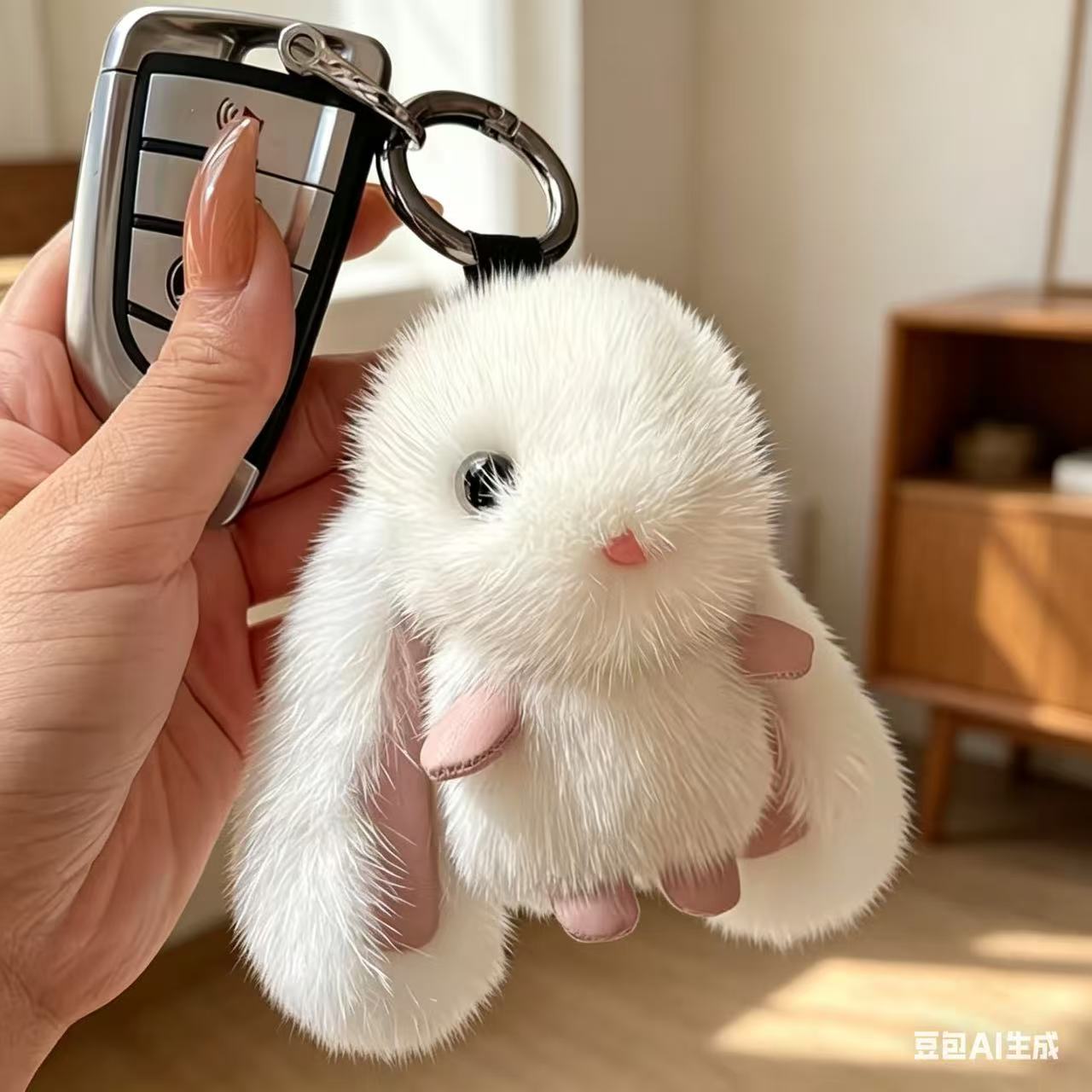 Мягкая плюшевая игрушка кролик из искусственного меха брелок для сумки и ключей длинные уши белый цвет