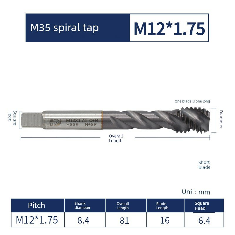 Высококобальтовый спиральный резец для резьбы M12 x 1.75 мм с коротким лезвием, инструмент для точной обработки