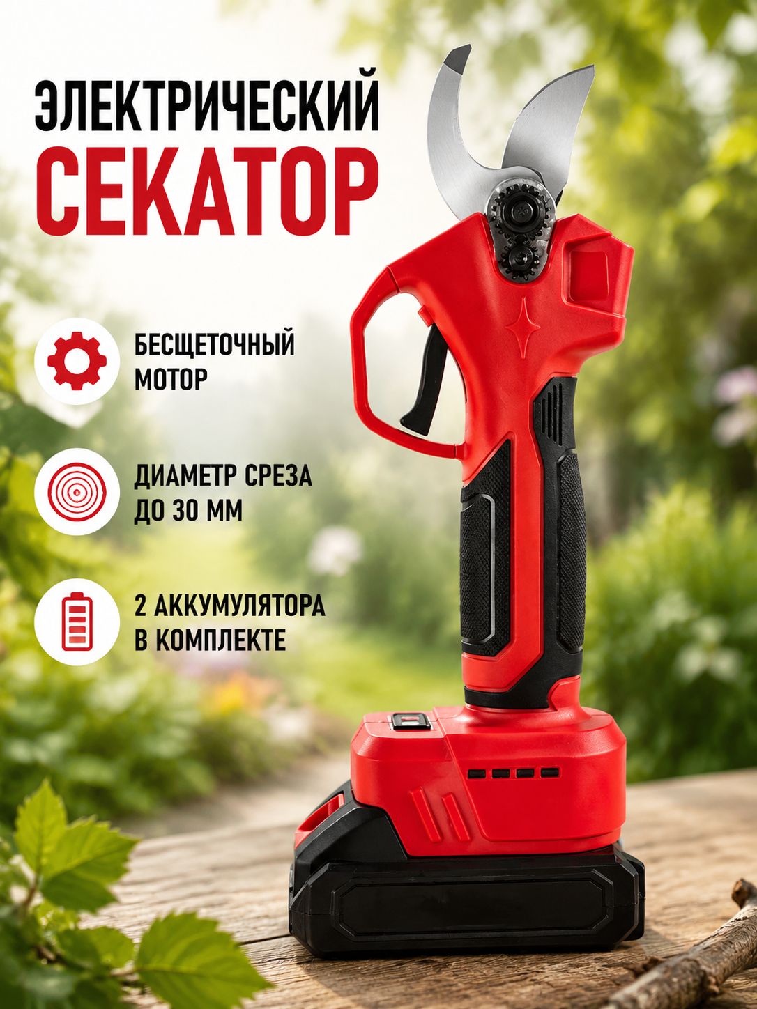 Электрический секатор аккумуляторный, красный, с 2 батареями повышенной емкости, диаметр реза 10 мм