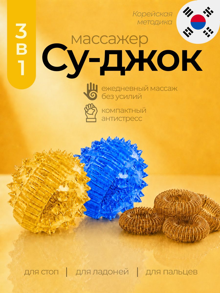 Массажный шарик с шипами Су-Джок. Суджок. Массажер для рук и ног с двумя кольцевыми пружинами. В наборе 2 шарика и 4 пружины, синий+желтый