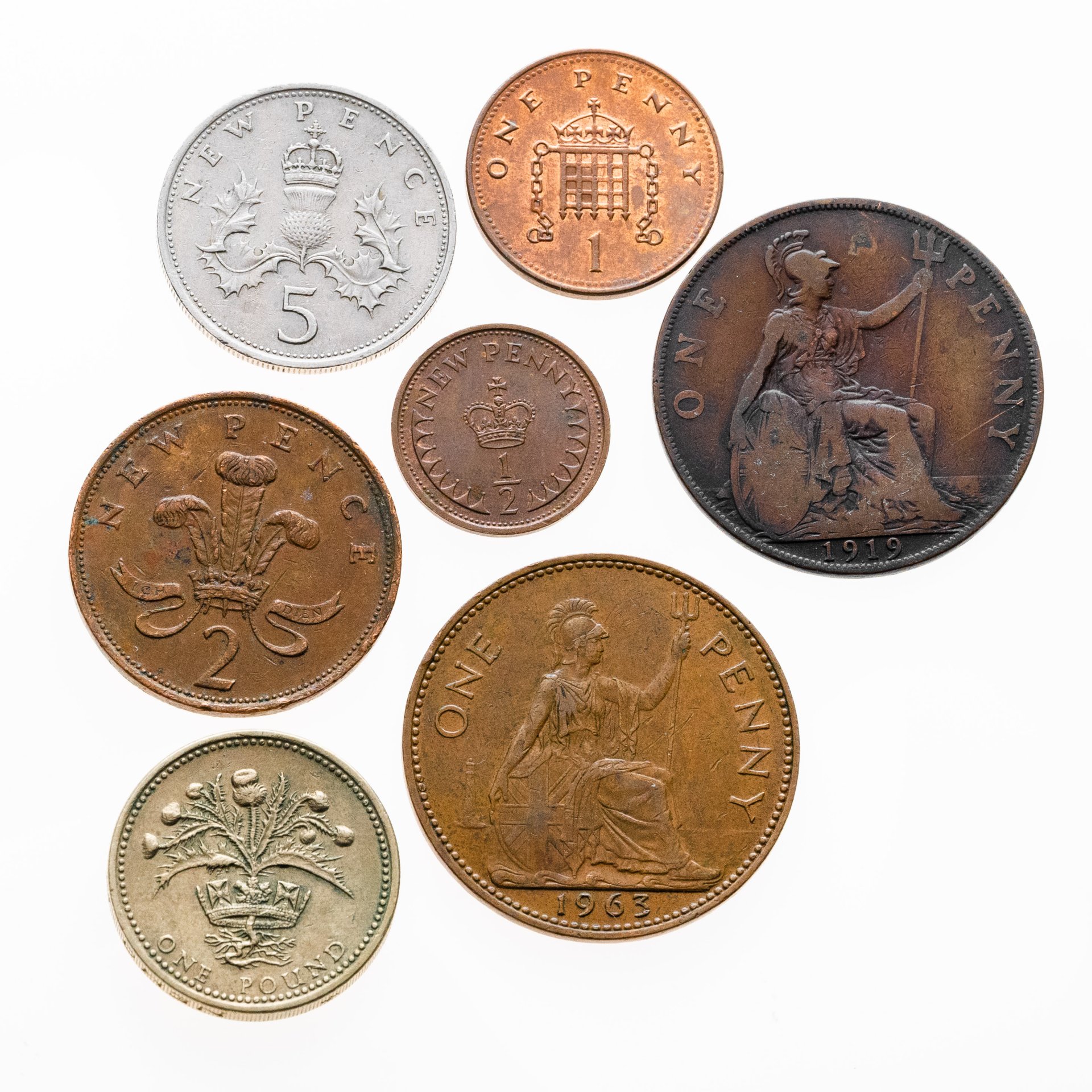 Великобритания набор 7 монет 1/2, 1 пенни penny, 2, 5 пенсов pence, 1 фунт pound 1919-2005, Различные сплавы, в сохранности F-XF