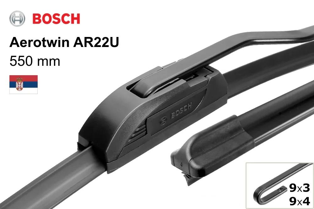 Щетка стеклоочистителя Bosch Aerotwin AR22U (3397008537), бескаркасная, 550 мм, 1 шт, Крючок 9x3/9x4, универсальная